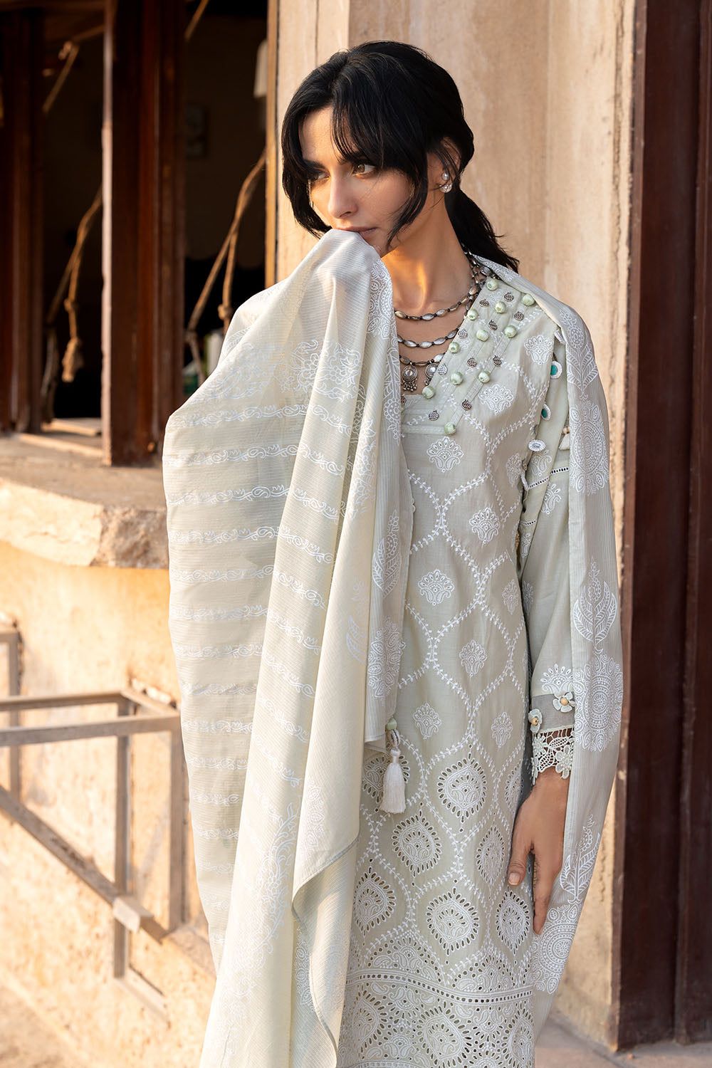 3 Piece Schiffli Embroidered Lawn Suit with Embroidered Lacquer Printed ...